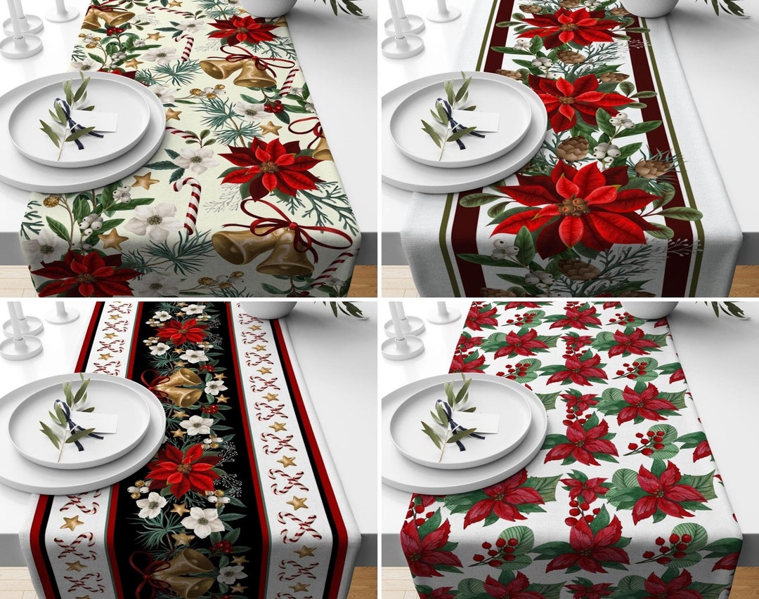 Red Christmas Floral Style Table Runner, Xmas Flowers Runner, Noel ...