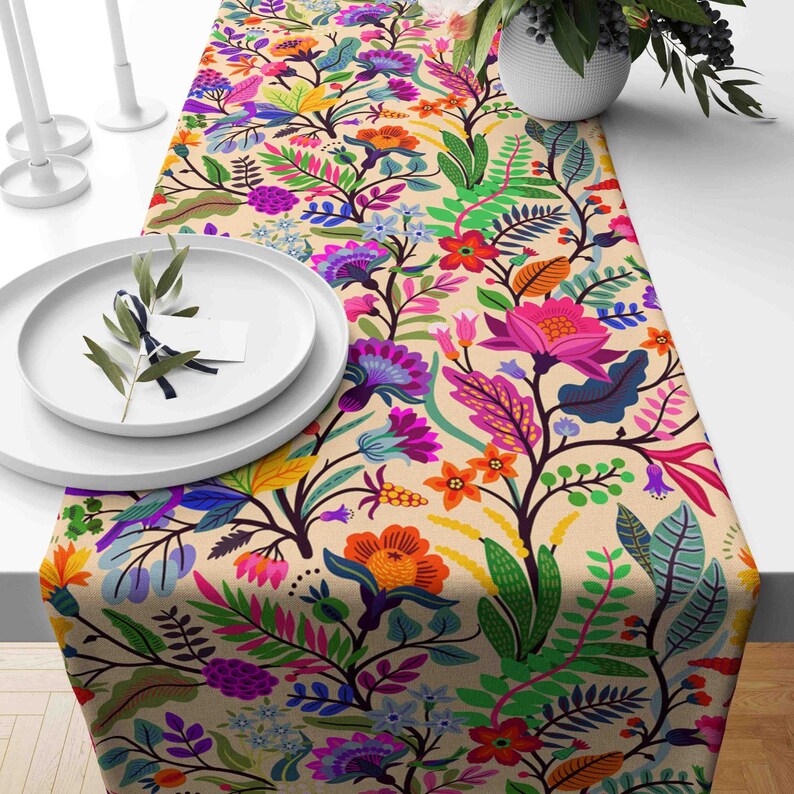 Floral Table Runner, Bird of Paradise Flower Pattern, Colorful Home ...