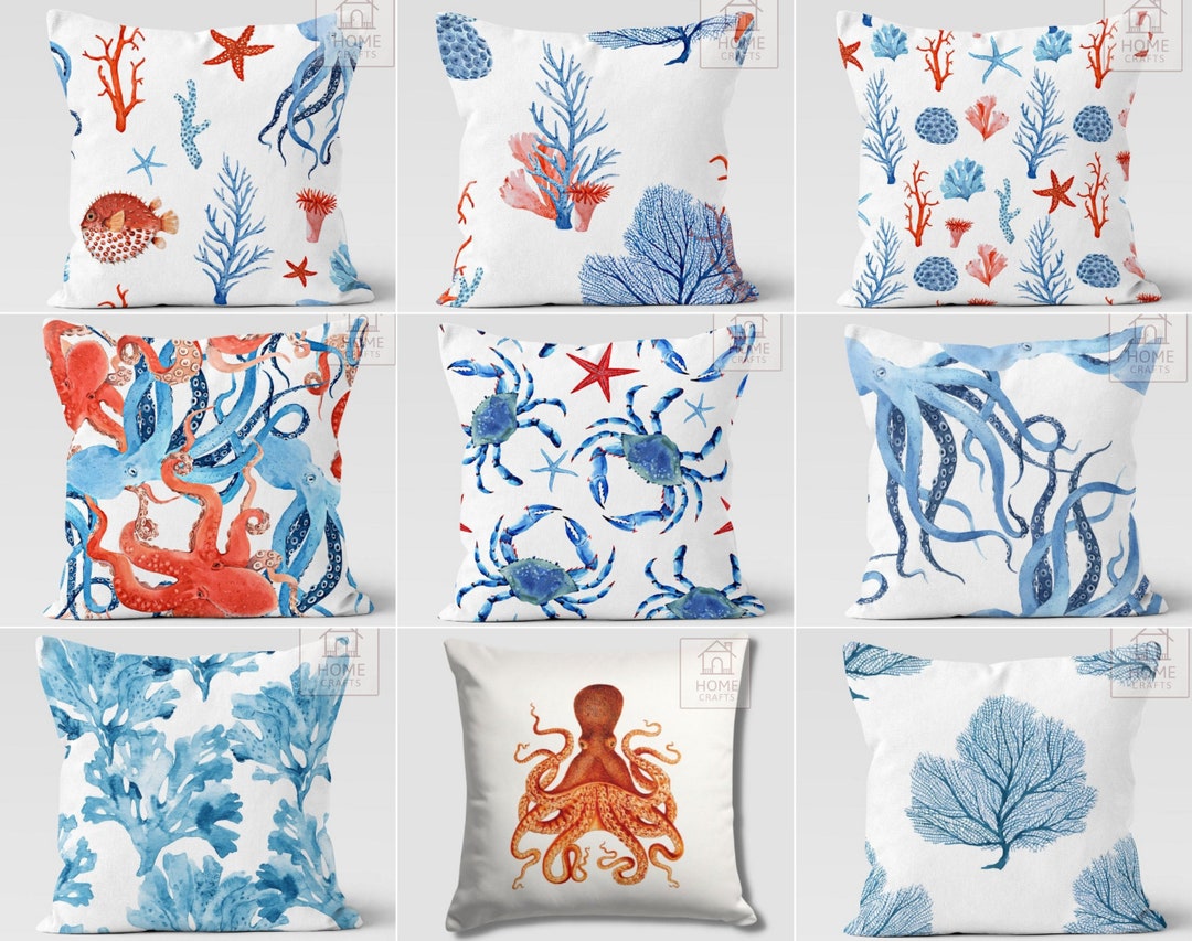 Nautical Throw Pillow Cover, Ocean Life Print, Coastal Decor - Etsy