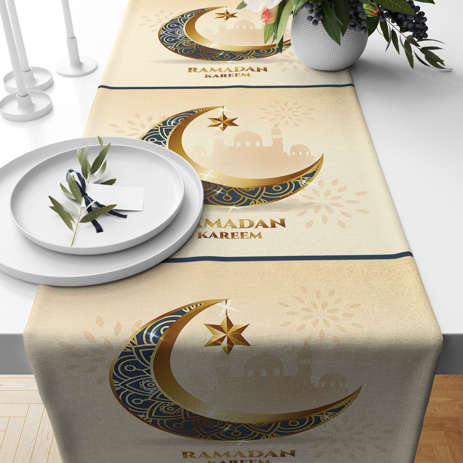 Ramadan Kareem Print Table Runner, Star Style Table Linen, Lampion ...