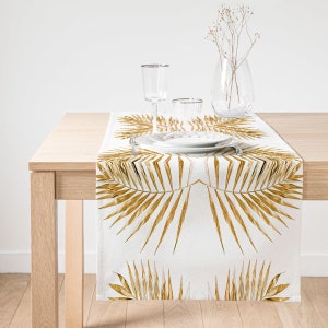 Gold Leaves Table Runner, Leaves Trend Table Cover, Gold White Kitchen ...