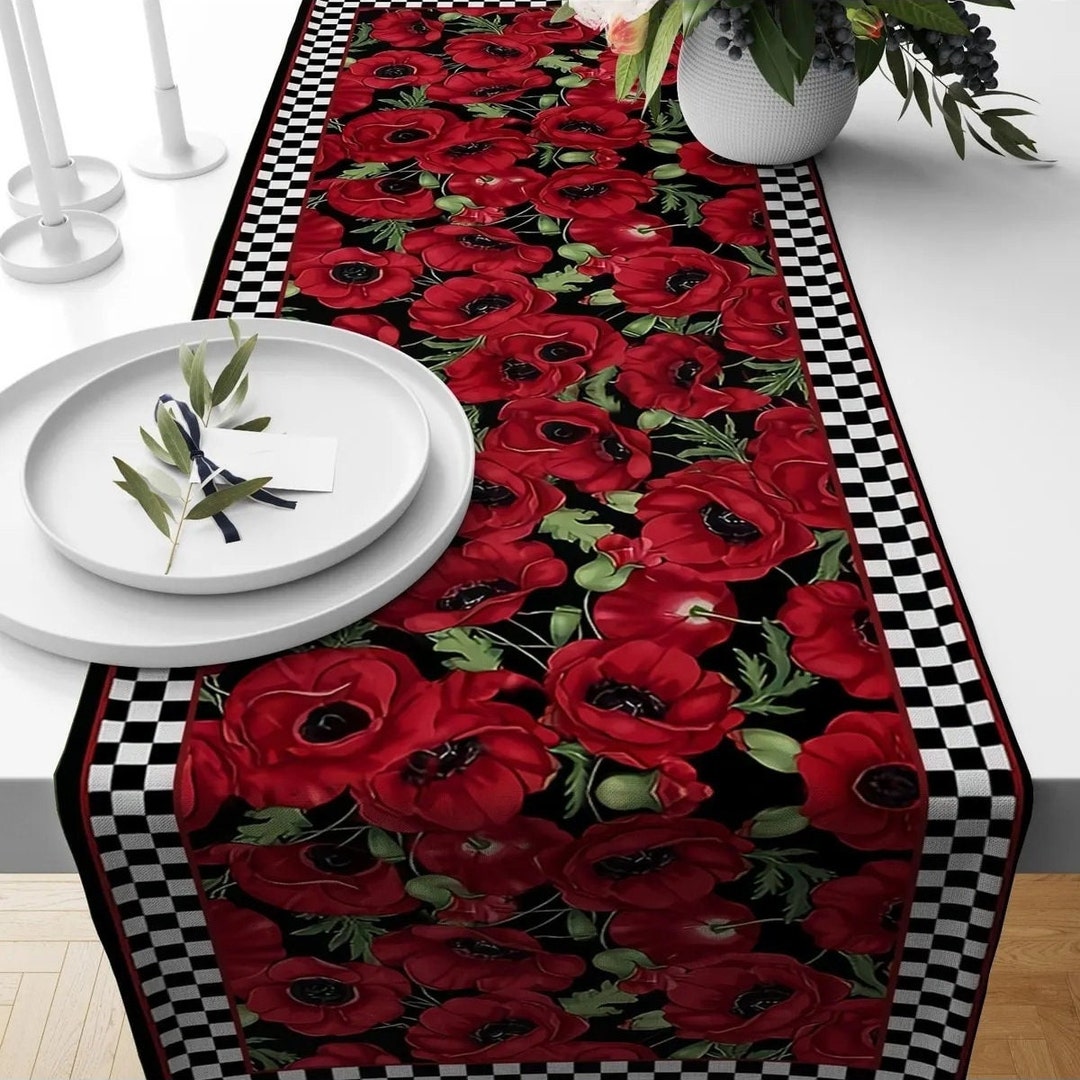 Red Rose Table Runner, Checkered Design Table Sheet, Chic Flower Style ...