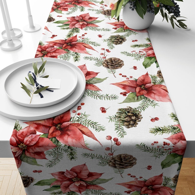 Christmas Red Flowers Printing Table Runner Xmas Floral - Etsy