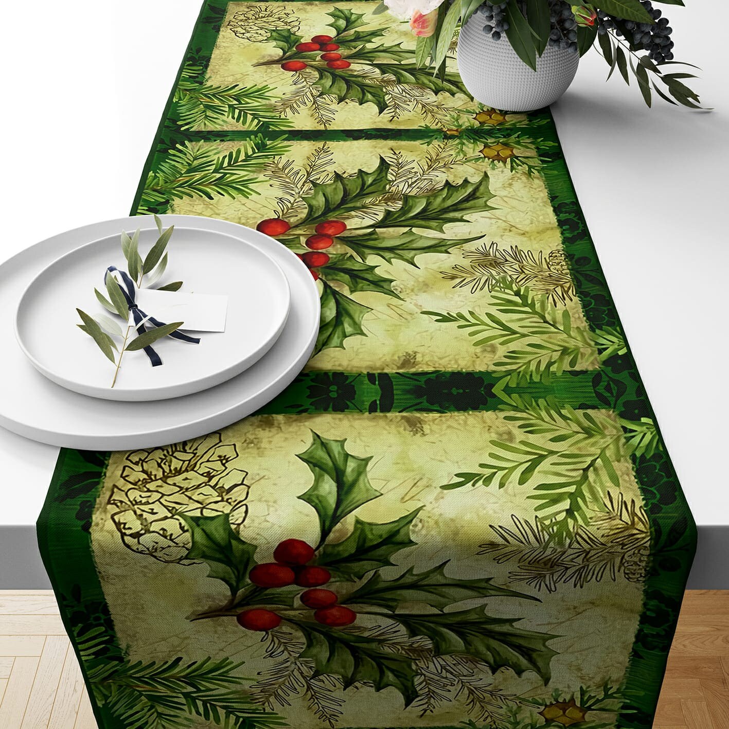 Holly Berry Christmas Table Runner, Plaid Noel Ornament Decor - Etsy