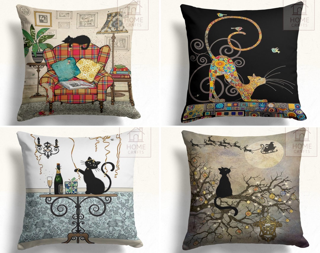 Black Cat Pillow Cover Feline Print Sofa Pillowcase Kitty - Etsy