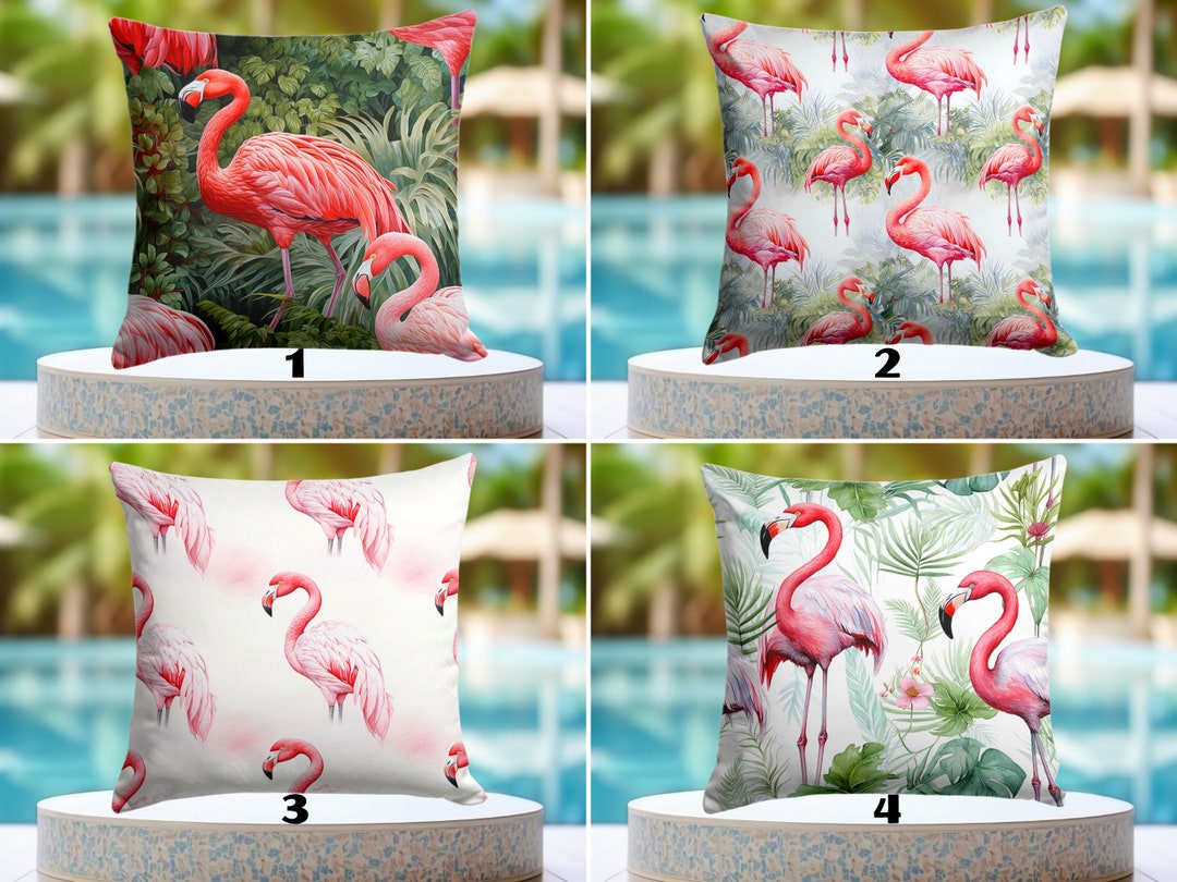 WATER-RESISTANT Flamingo Pillow Covers, Green Pink Accent Outdoor ...