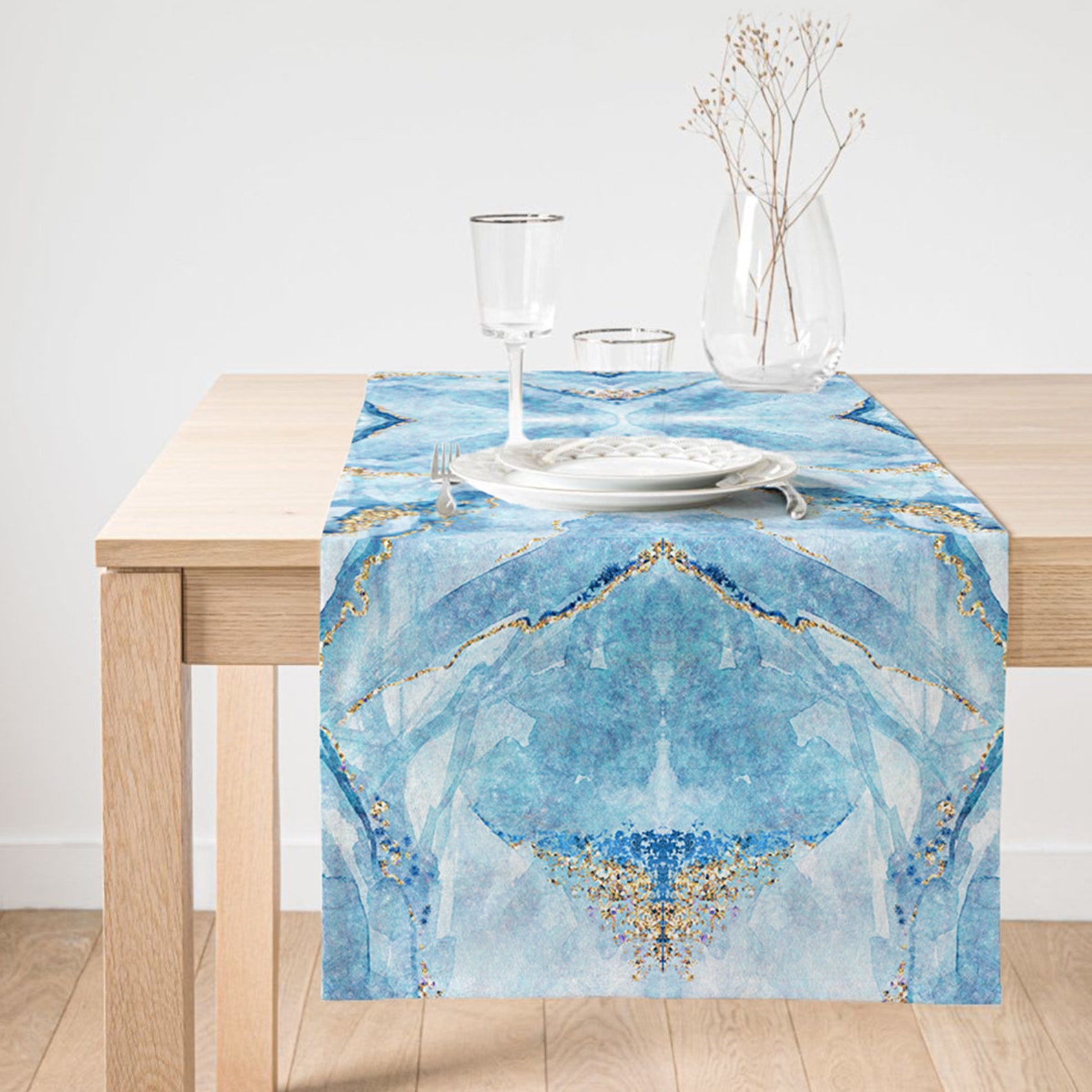 Marble Table Runner Blue Marble Table Cover Modern Design - Etsy
