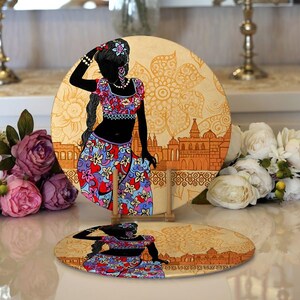 African Woman Placemat, Wooden Table Mat, African Supla, Ethnic Round ...