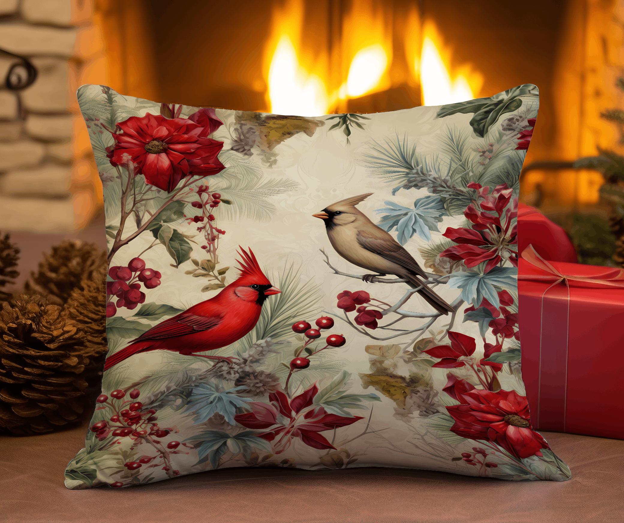 Cardinal Christmas Pillow Covers, Holiday Bird and Poinsettia Cushion ...