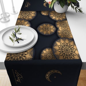 Eid Mubarak Print Table Runner, Lampion Pattern Table Linen, Crescent ...