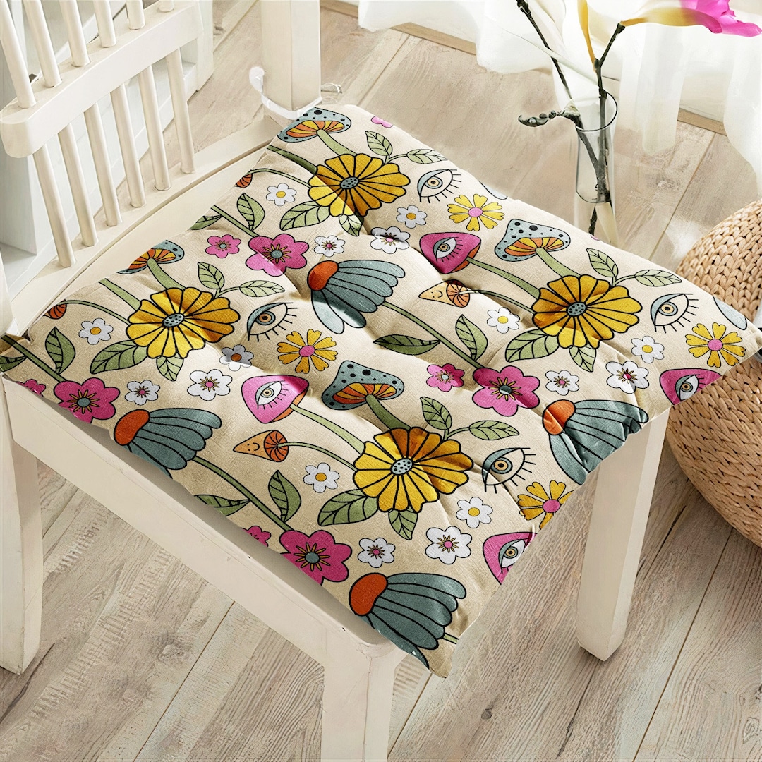 Abstract Flower Puffy Chair Pads, Colorful Floral Seat Cover, Nature ...