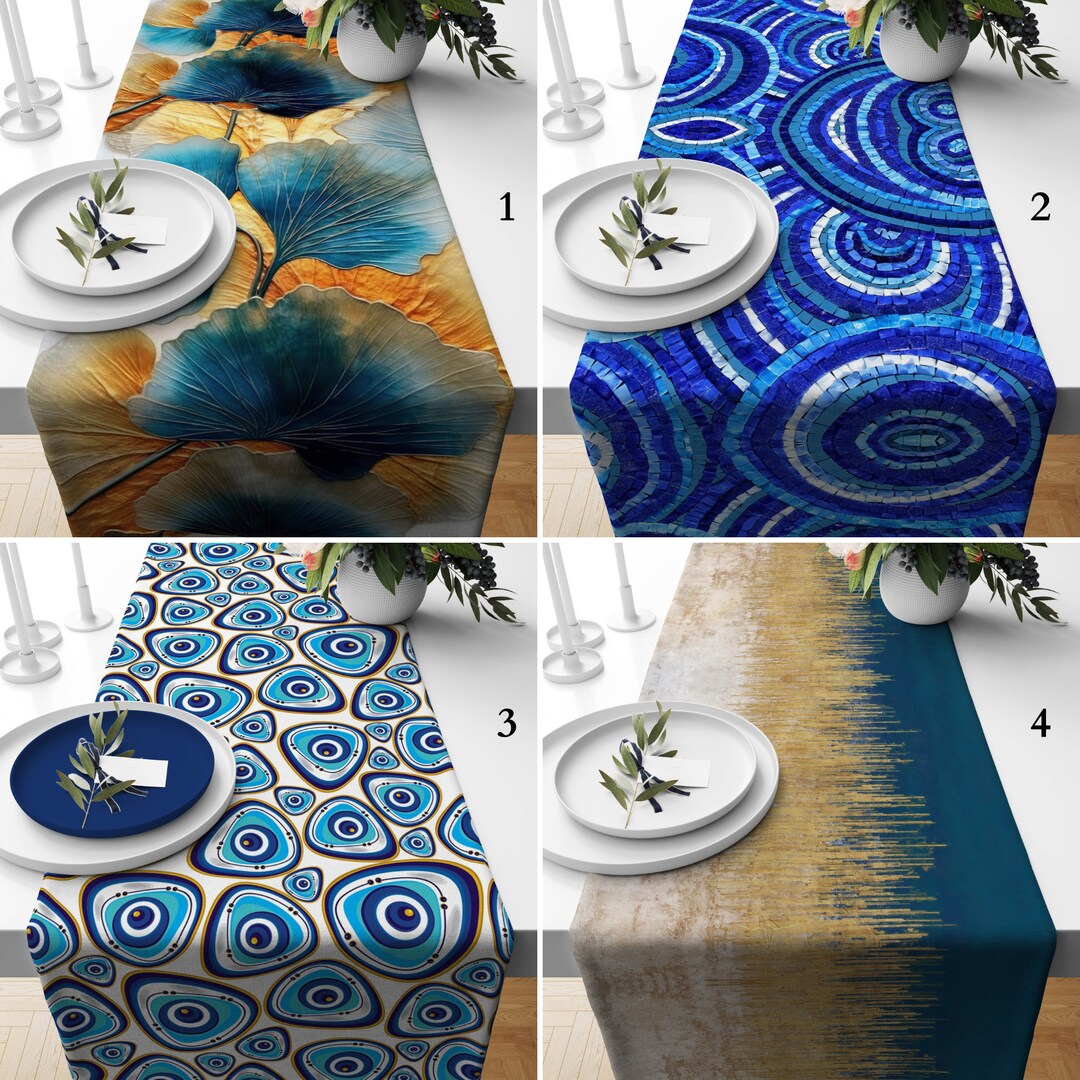 Blue Accent Table Runner, Ginkgo Leaves Table Sheet, Evil Eye Talisman ...