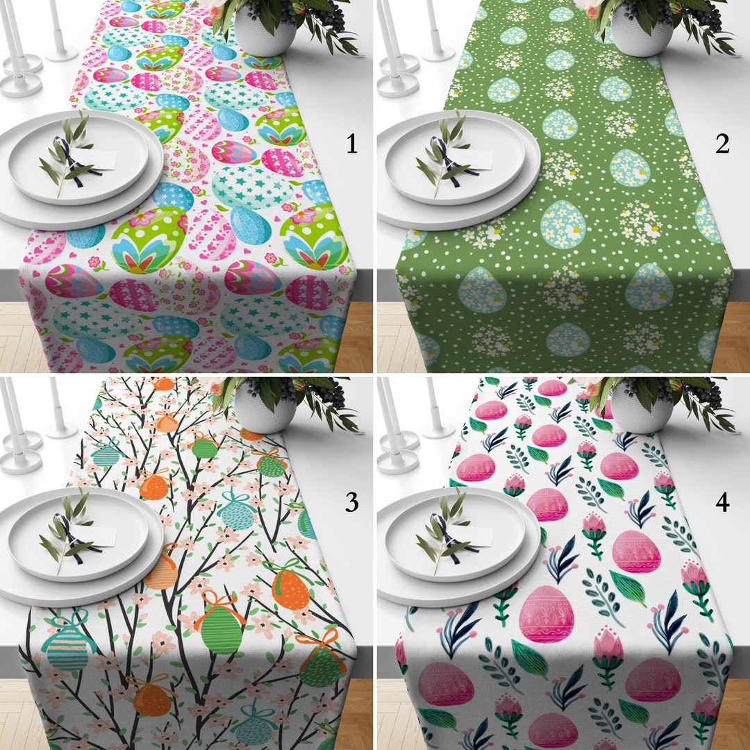 Happy Easter Table Runner, Spring Floral Egg Print, Pastel Pink and ...