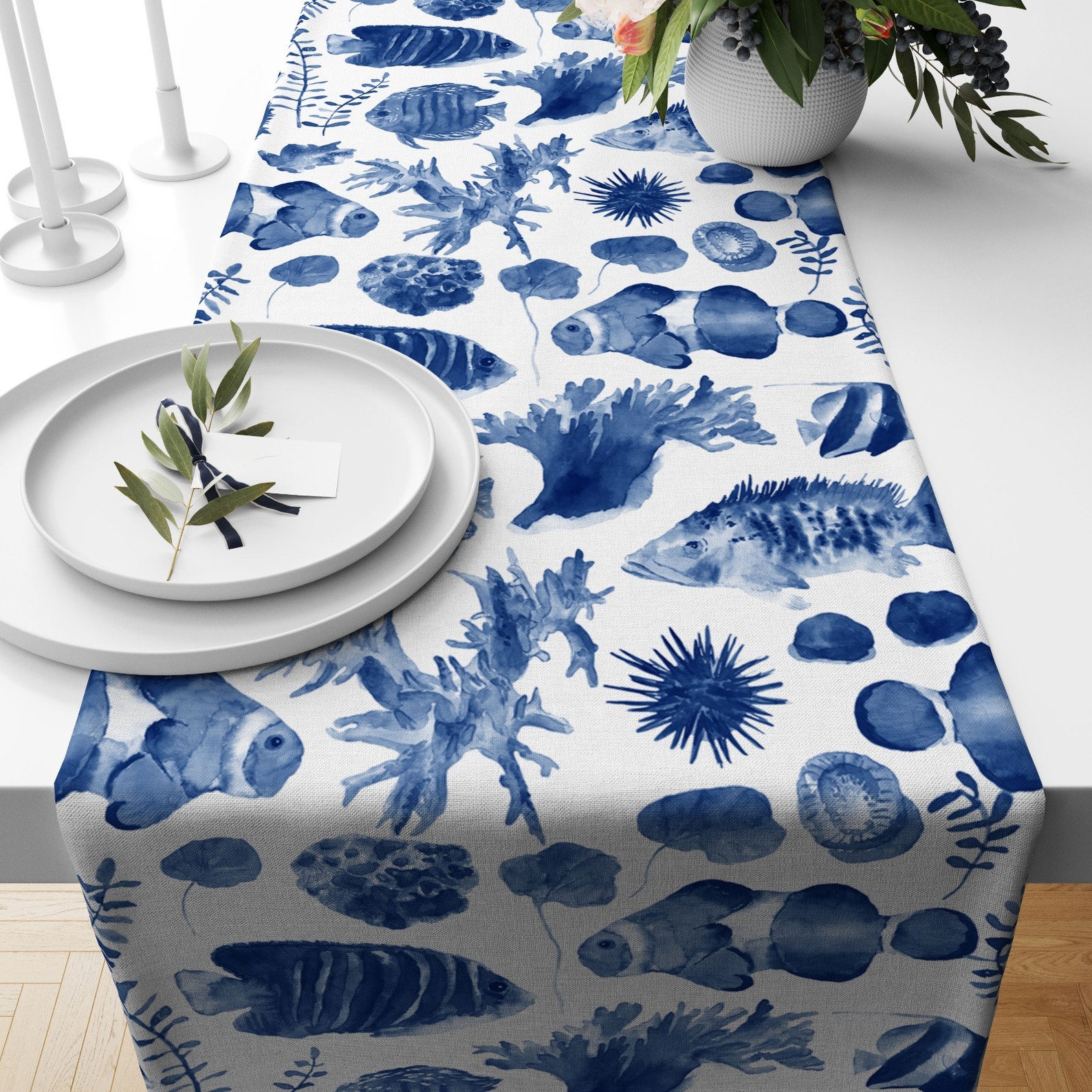 Nautical Table Runner, Fish Table Top, Decorative Table Cover, Navy ...