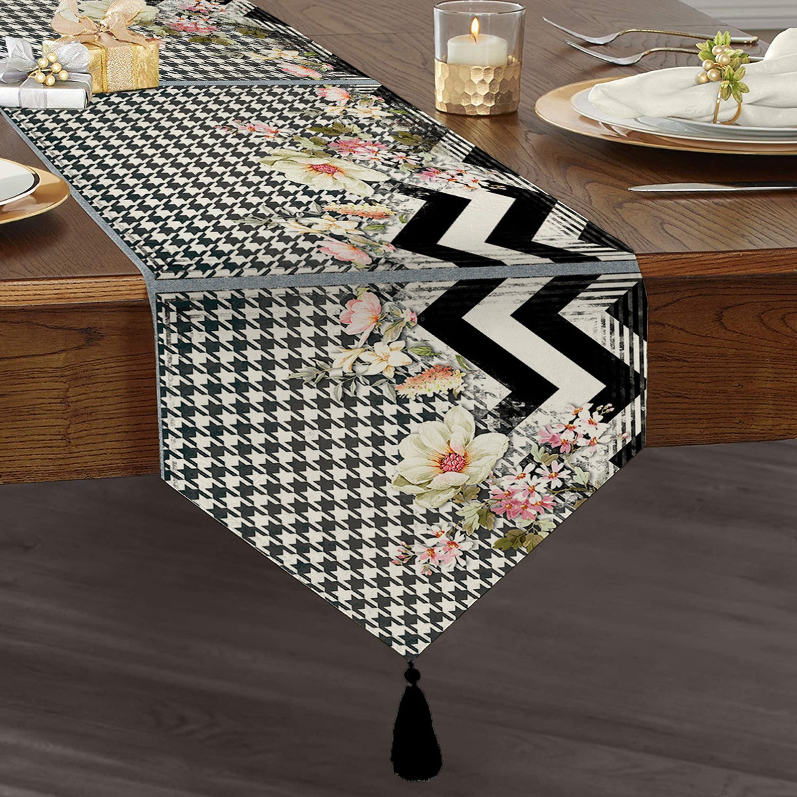 Black Floral Table Runner Triangle Dining Runner Deluxe - Etsy