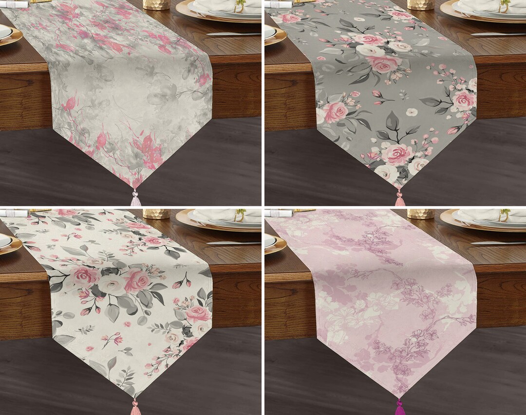 Gray Pink Rose Table Runner Triangle Table Linen Grandeur - Etsy