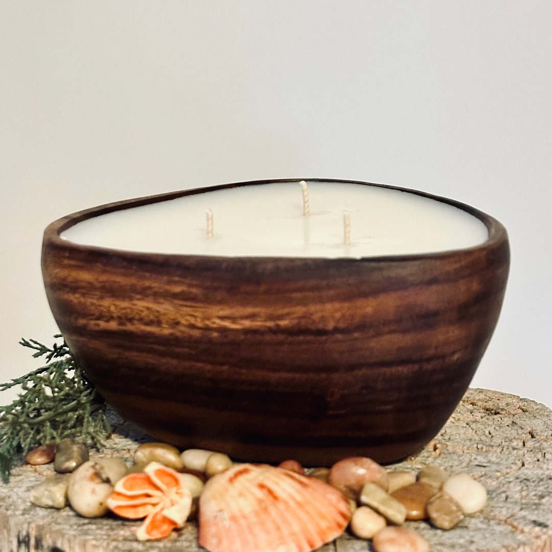 BERMUDA TRIANGLE CANDLE Acacia Wood Bowl Candle 18oz Wax Fill 3 Cotton ...