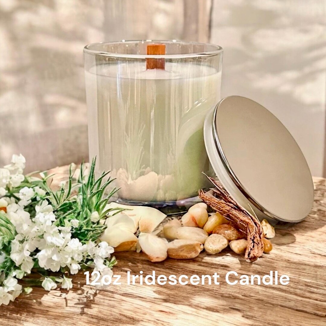 Clear Iridescent Candle Silver Metal Lid 12oz Wax Fill Premium Hand ...