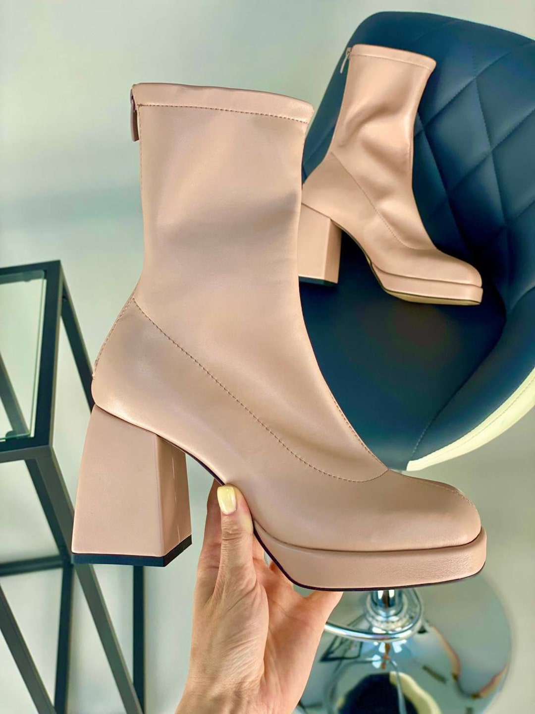 Women Vegan Leather Block Toe and Block High Heels Booties-socks, High ...