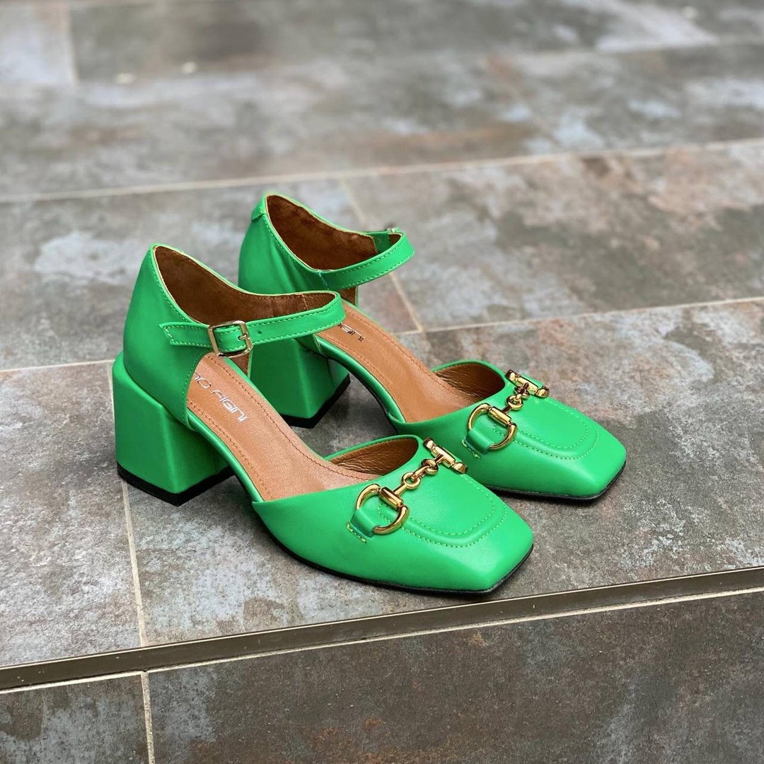 Leather Heeled Sandals: Square Toe Ankle Strap Shoes With Chain - Etsy
