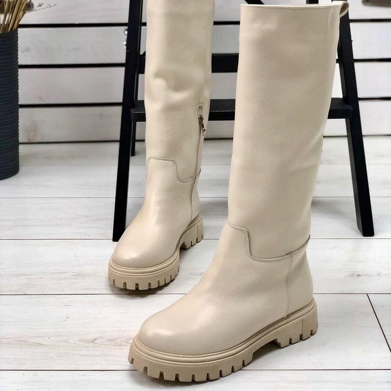 Woman Genuine Leather Chunky Sole Boots/ Tan Platform Casual - Etsy