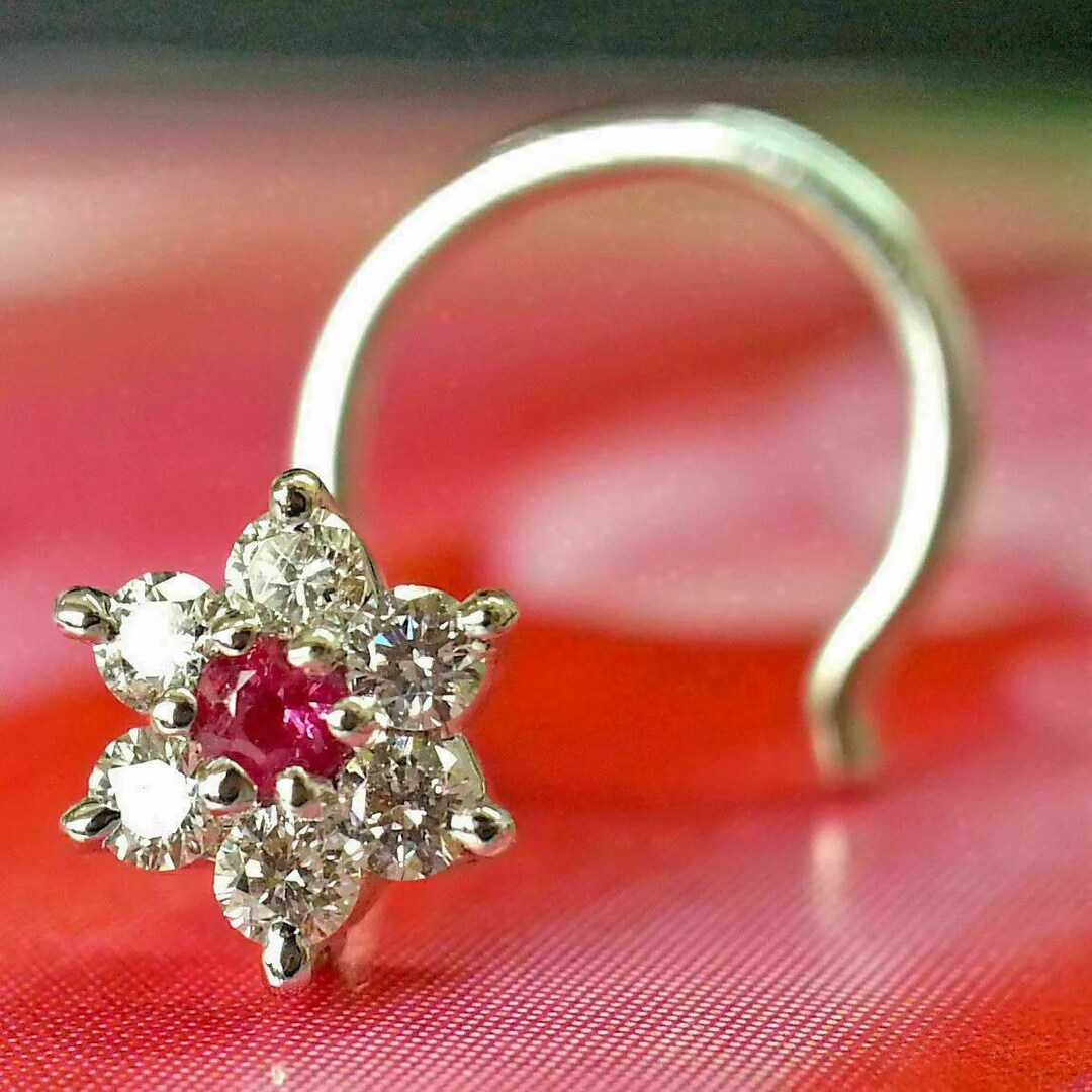 Ruby Flower Nose Stud 14K Yellow Gold Plated 925 Silver, Red Floral ...