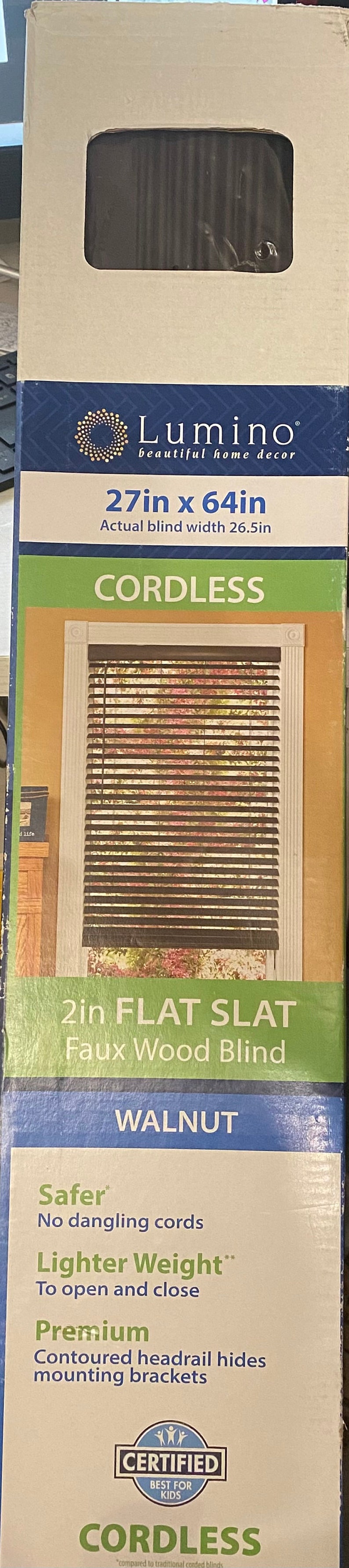 LUMINO Cordless 2 Flat Slat Faux Wood Blinds for Windows L64 W27 Color ...