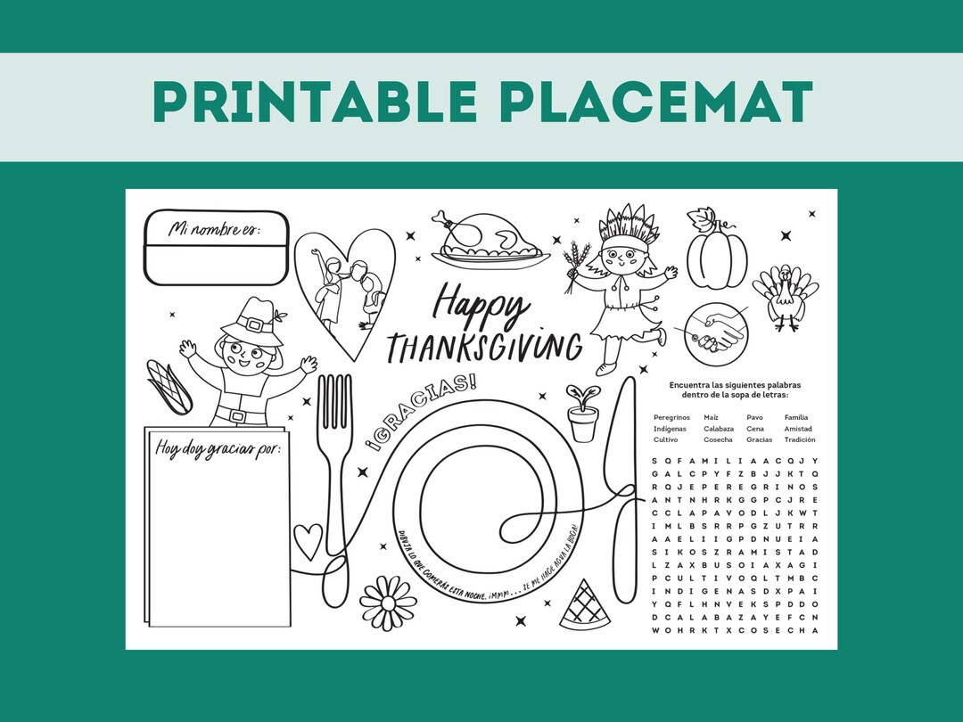Printable Thanksgiving Game Placemat PDF | Spanish Activity Mat for ...