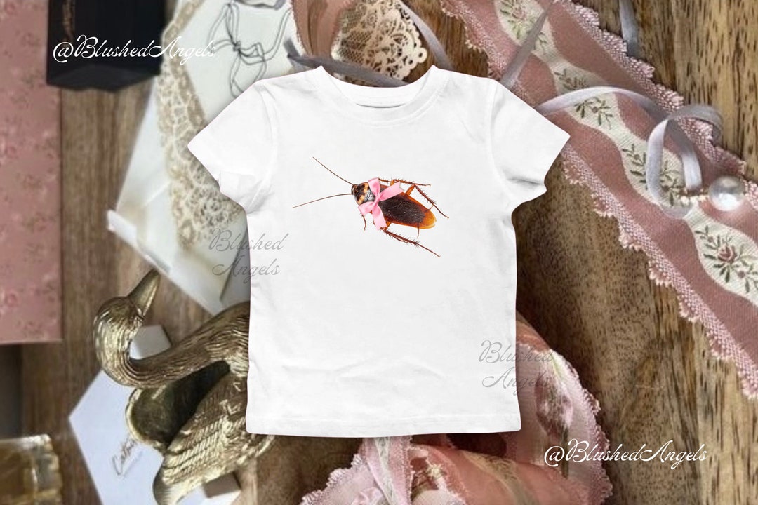 Coquette Cockroach Baby Tee With Pink Ribbon Bow Y2k Graphic Baby Tee ...