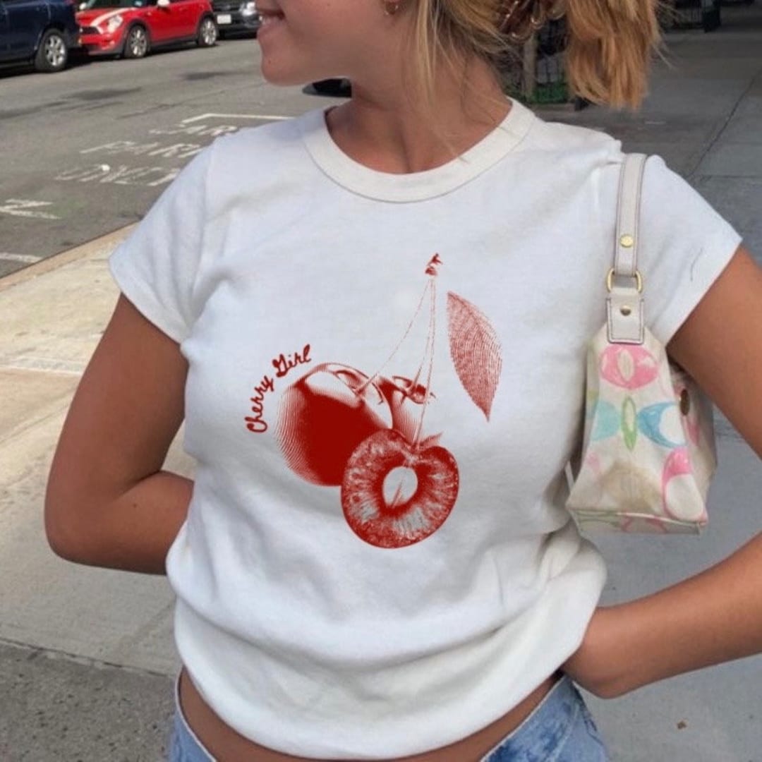 Cherry Girl Red Print Baby Tee | Coquette Baby Tee, Y2k Cherry Girl Red Print Baby Tee | Coquette Baby Tee, Y2k