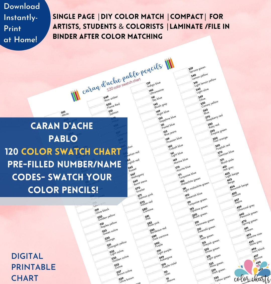 Caran D'ache Pablo Color Swatch Chart Semi-filled PDF Digital Printable ...