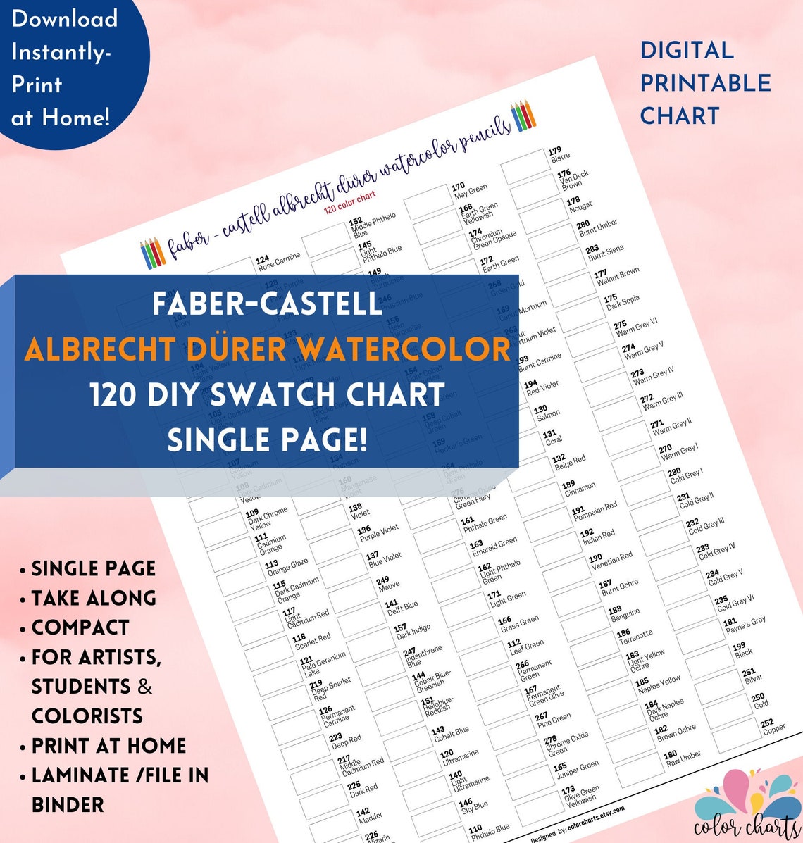 120 color chart albrecht durer watercolor pencils DIY chart | Etsy