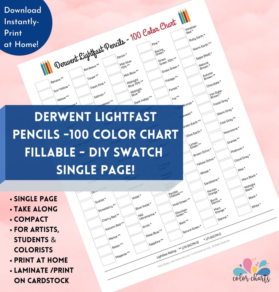 Derwent Lightfast Pencils Colouring Chart 100 Swatch DIY | Etsy
