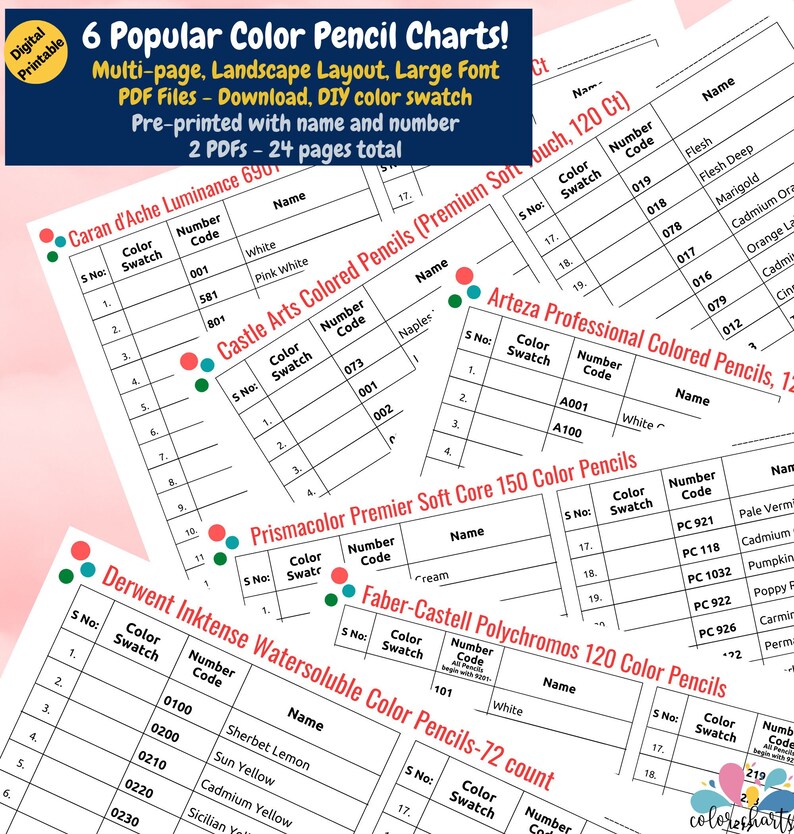 6 Popular Color Pencil Chart Bundle Digital Pdfs Large - Etsy