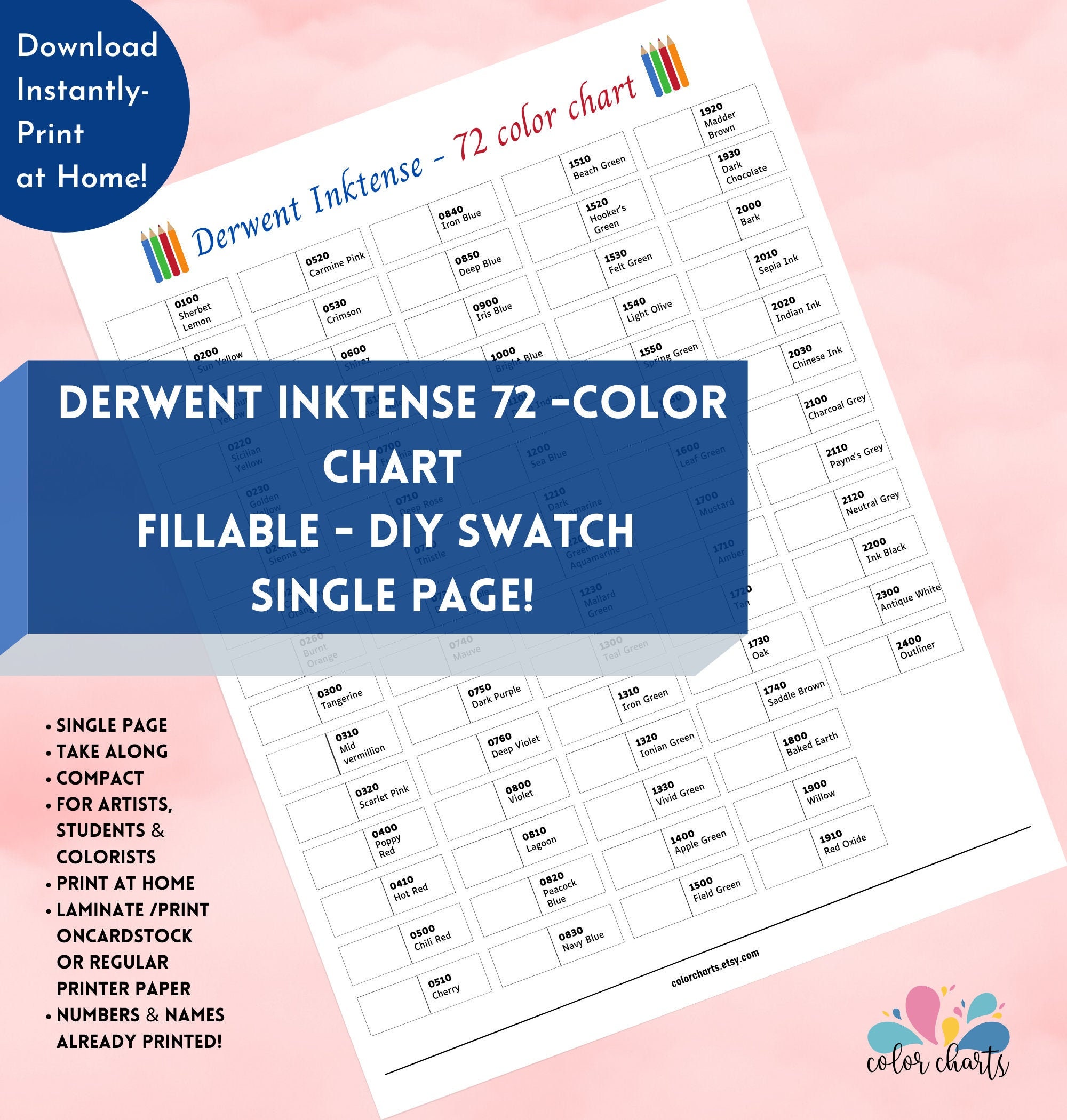 DERWENT INKTENSE Color Chart 72 color DIY Swatching Template | Etsy