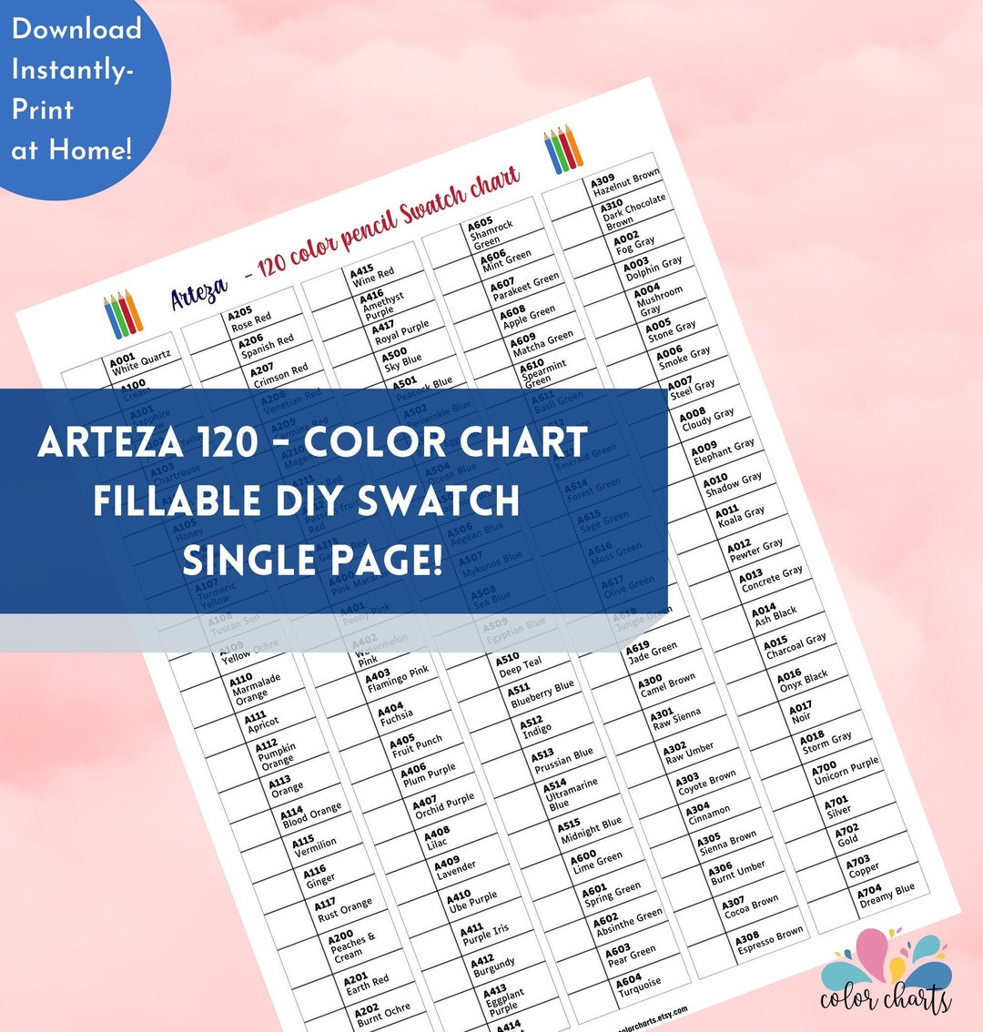 Arteza 120 Color Chart Colored Pencil Chart Arteza - Etsy