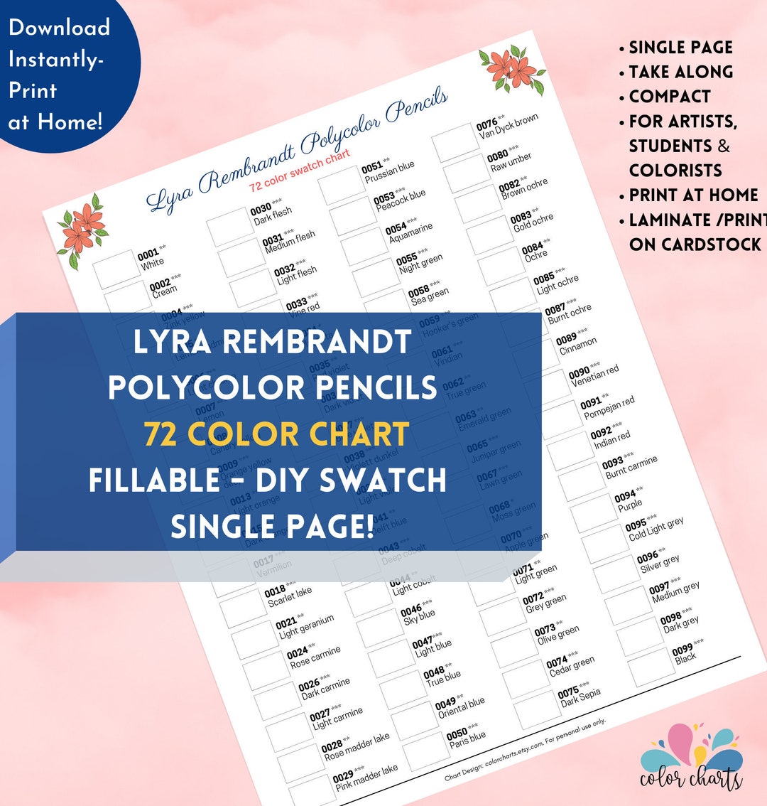 Lyra Rembrandt Polycolor Pencil Chart 72 Color Swatch PDF Template ...