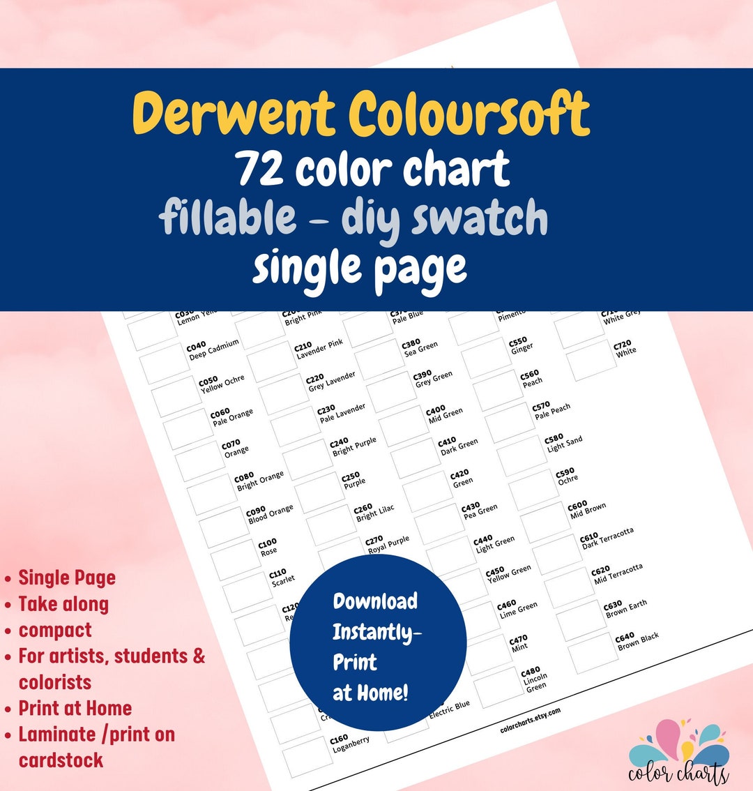Derwent Coloursoft 72 Pencil Chart Fillable Swatch Color - Etsy