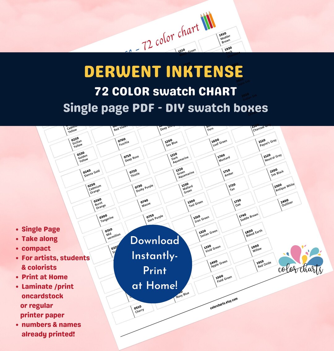 DERWENT INKTENSE Color Chart 72 Color DIY Swatching Template - Etsy New ...