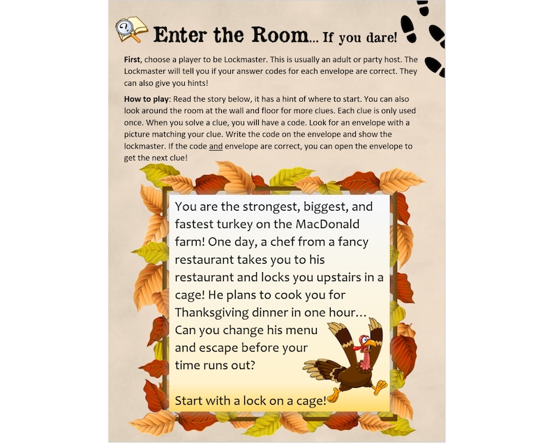 Kids Turkey Escape Room Game Thanksgiving Printable Party - Etsy