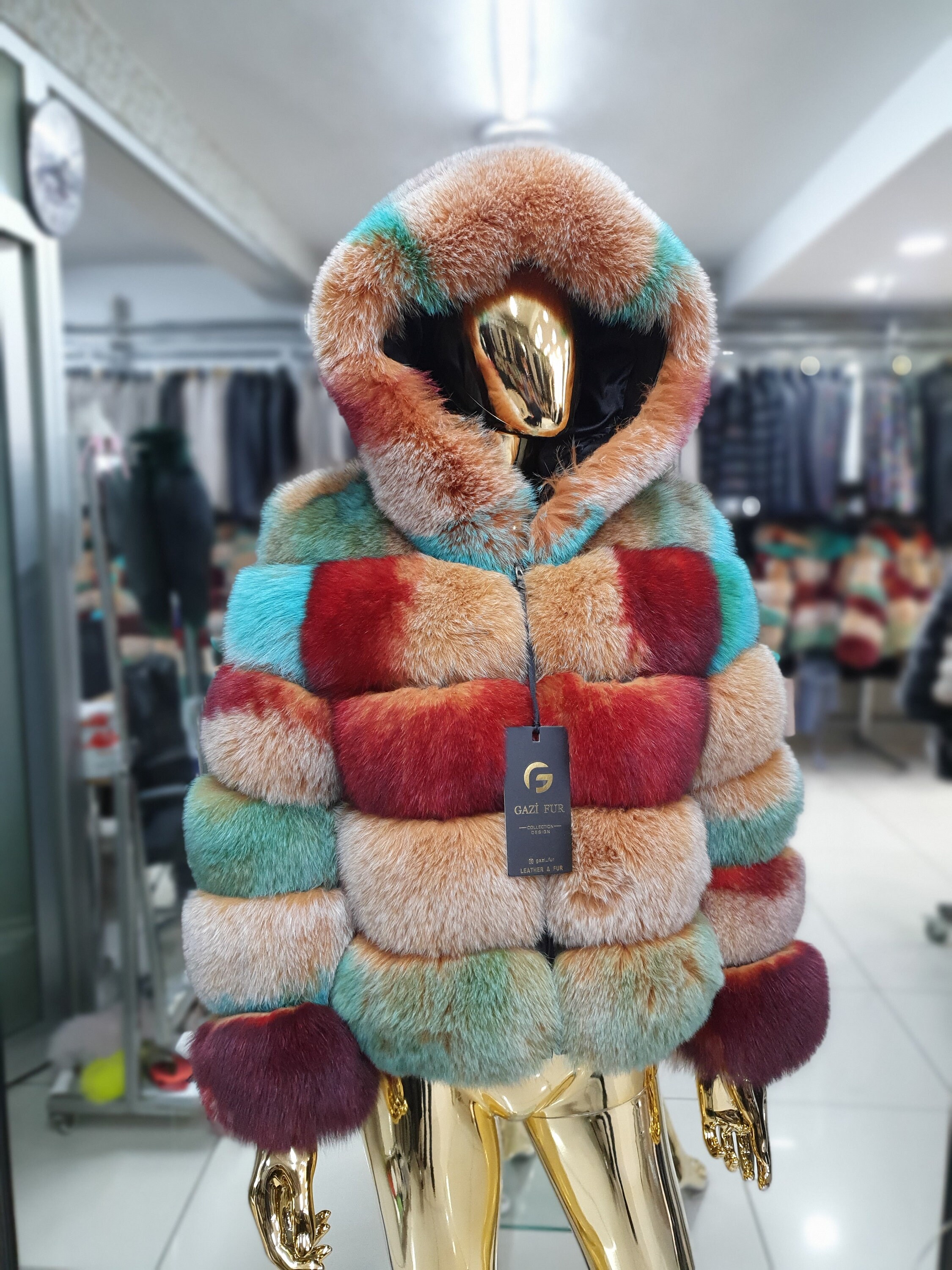 Exclusive Special Rainbow Colorful Fox Fur Coat Hooded Genuine Original ...