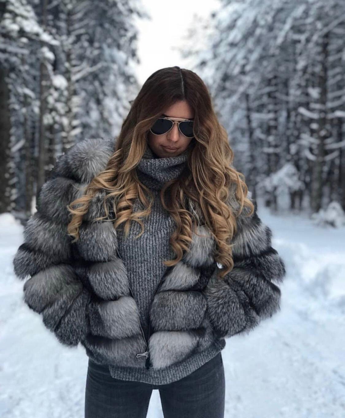 Luxury Natural Silver Fox Fur Jacket Fox Leather Jacket Genuine ...