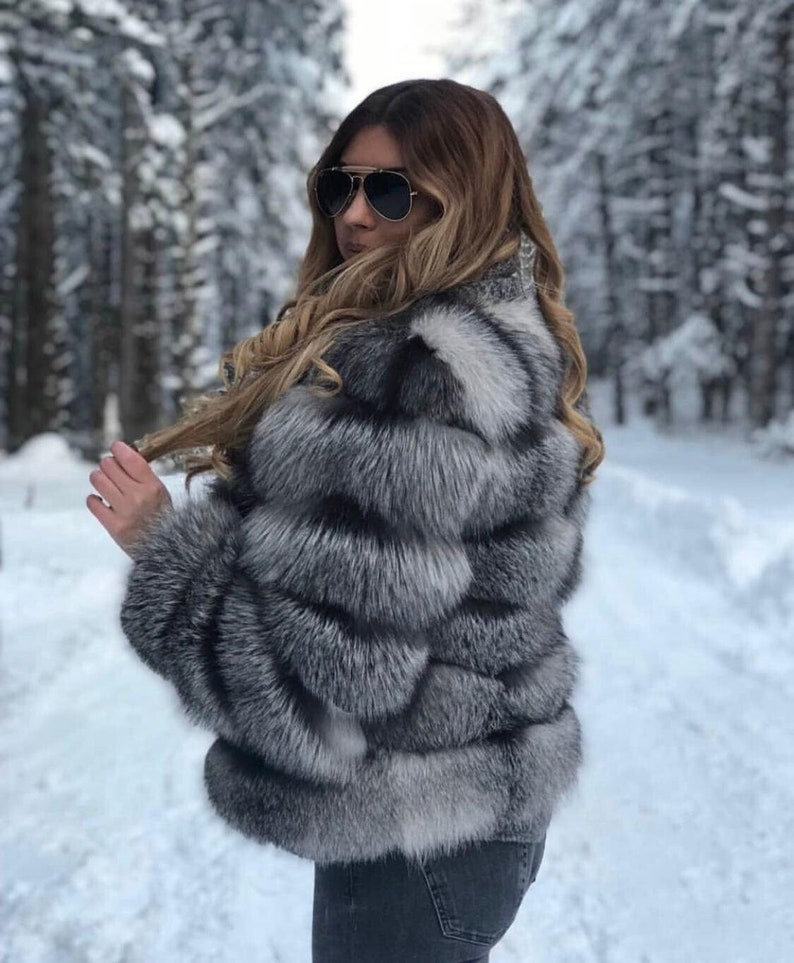 Luxury Natural Silver Fox Fur Jacket Fox Leather Jacket Genuine ...