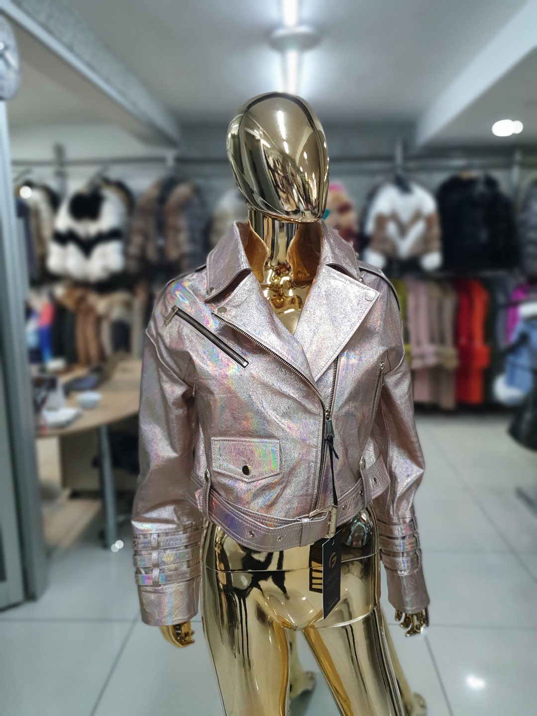 Metalic Leather Jacket Shiny Real Leather Jacket Sparkling Woman ...