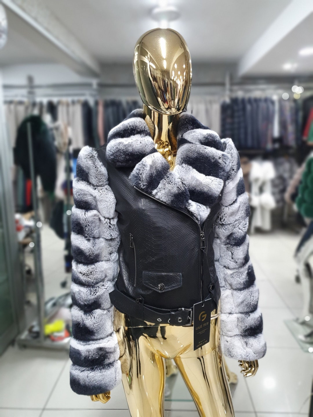 Snake Print Leather With Rex Chinchilla Sleeves and Collar Real Fox Fur ...