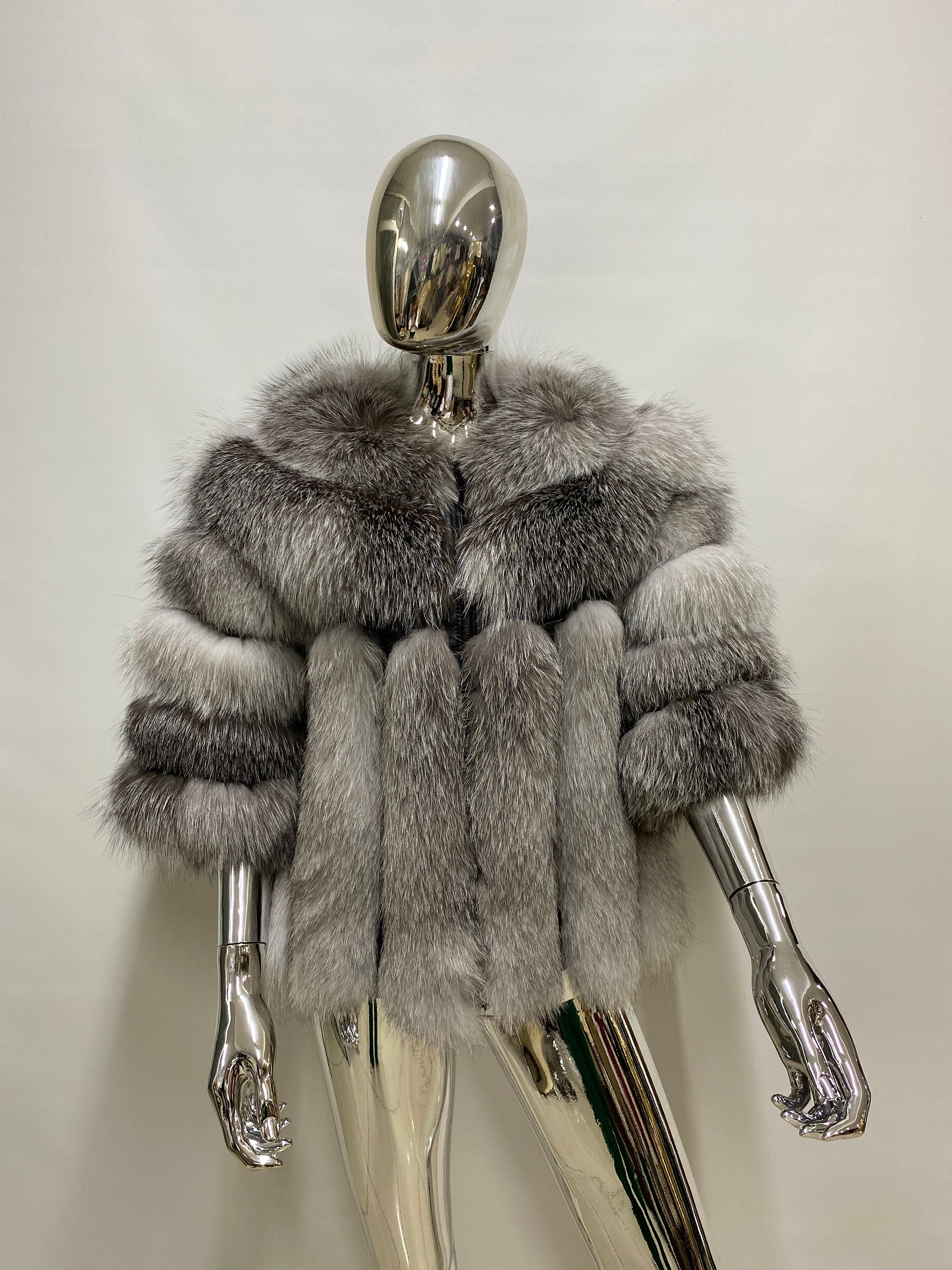 Natural Silver Fox Jacket Short Sleeves Silver and Raccoon Fox Coat ...