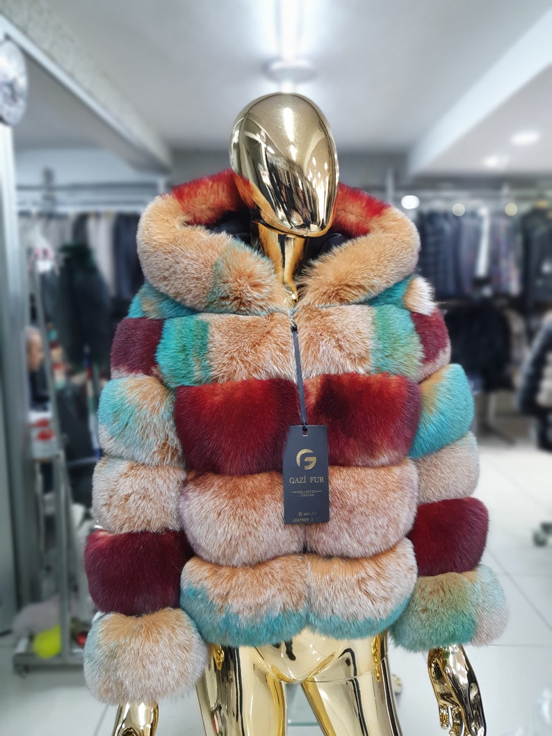 Exclusive Special Rainbow Colorful Fox Fur Coat Hooded Genuine Original ...