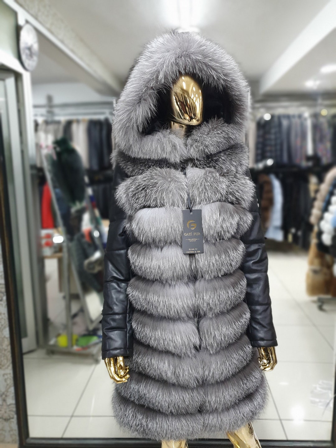 Grandeur Hooded Natural Silver Fox Jacket With Detachable Leather ...
