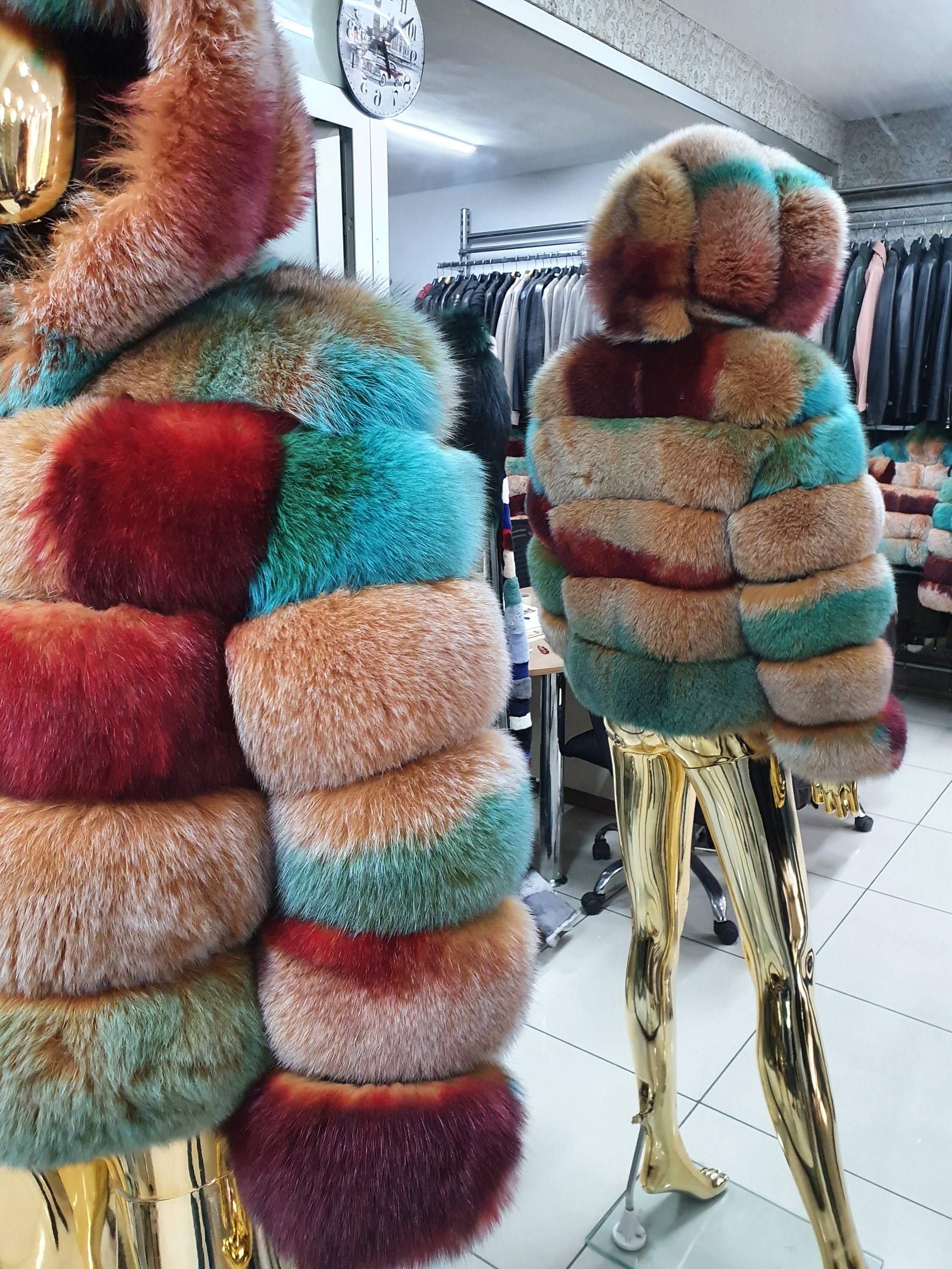 Exclusive Special Rainbow Colorful Fox Fur Coat Hooded Genuine Original ...
