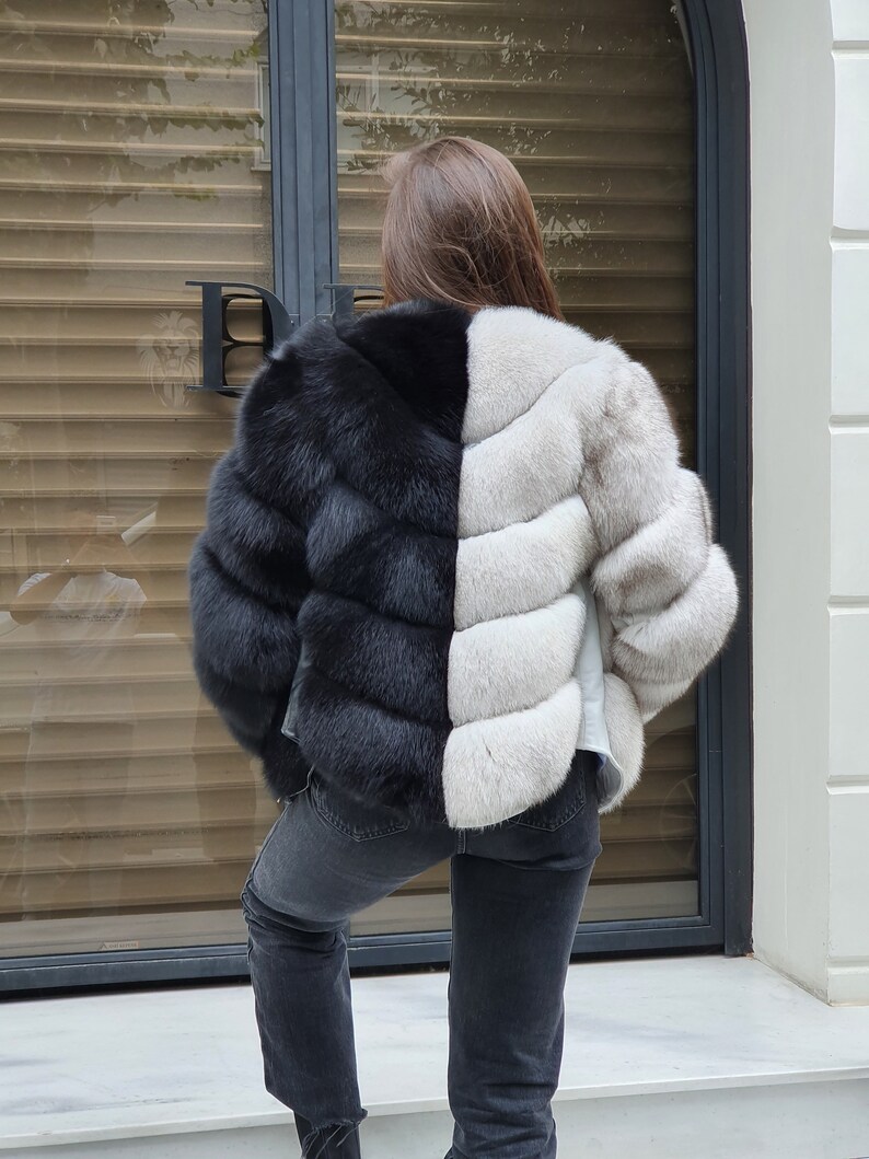 Exclusive Black and White Mix Colour Luxury Real Fox Fur Jacket Genuine ...